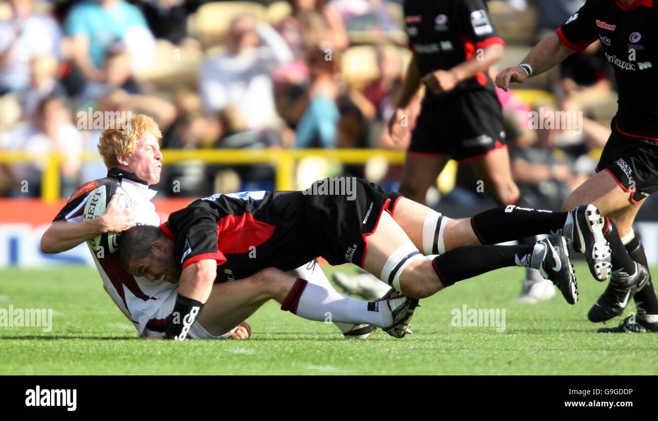 Saracen's Andy Farrell tackles Newcastle's Tom Dillon during the ...