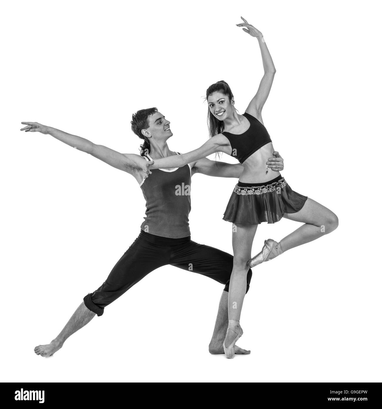 black and white portrait of couple exercising fitness dancing, isolated ...