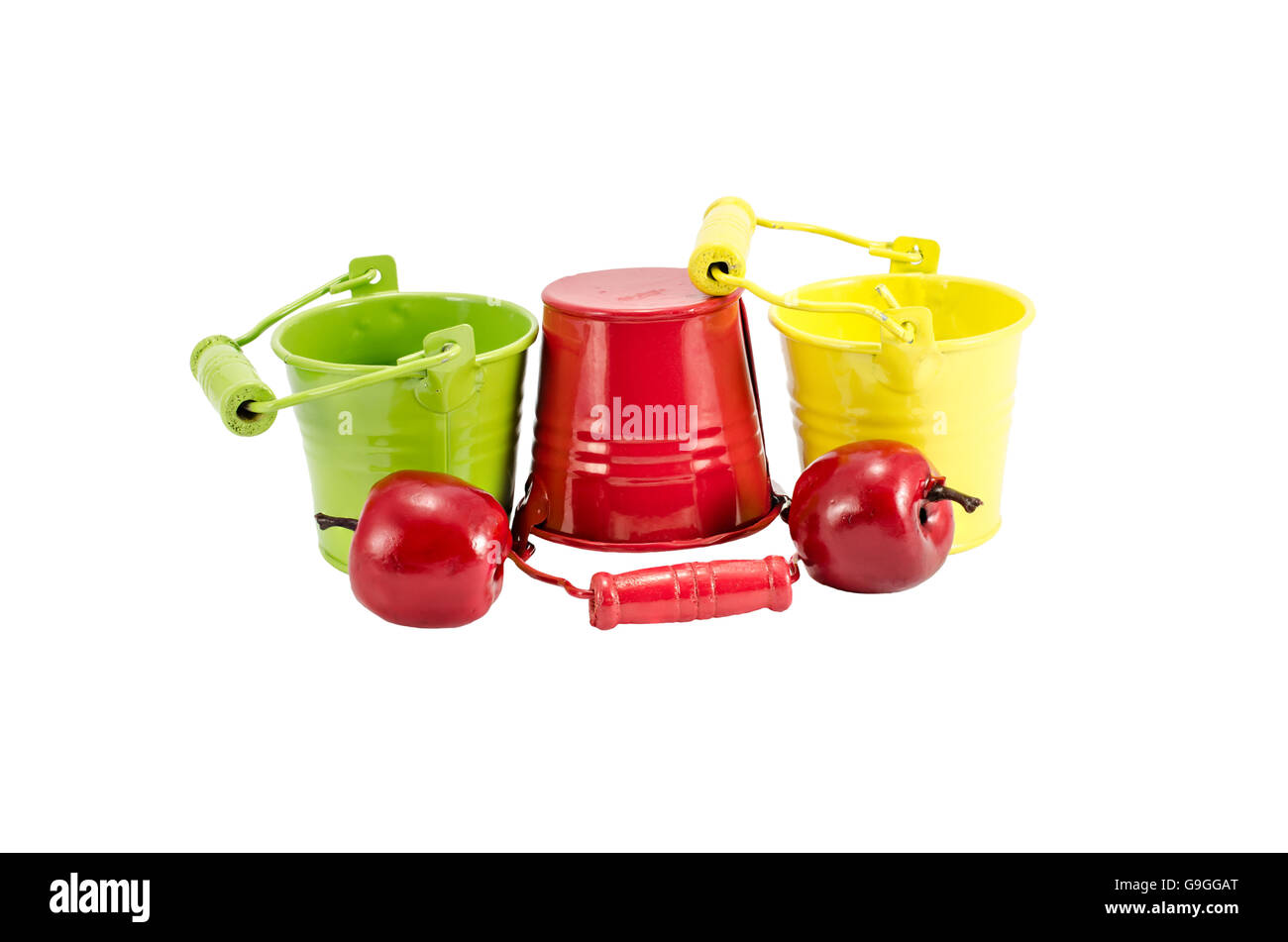 Three buckets with red apples isolated over white Stock Photo - Alamy