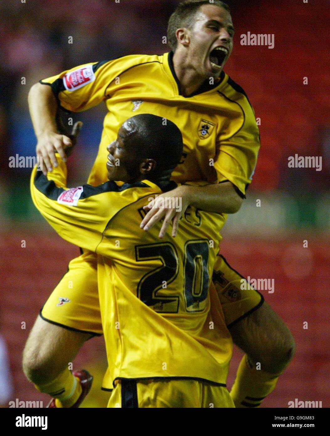 Notts County's Liam Needham (top) and Junior Mendes celebrate their win ...