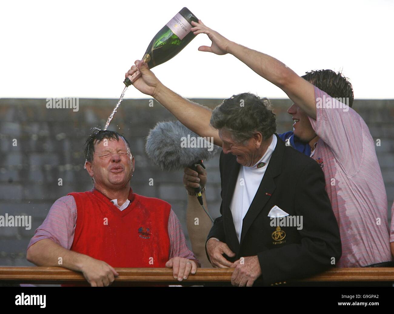 Lee Westwood pours champagne over Europe team captain Ian Woosnam as K ...