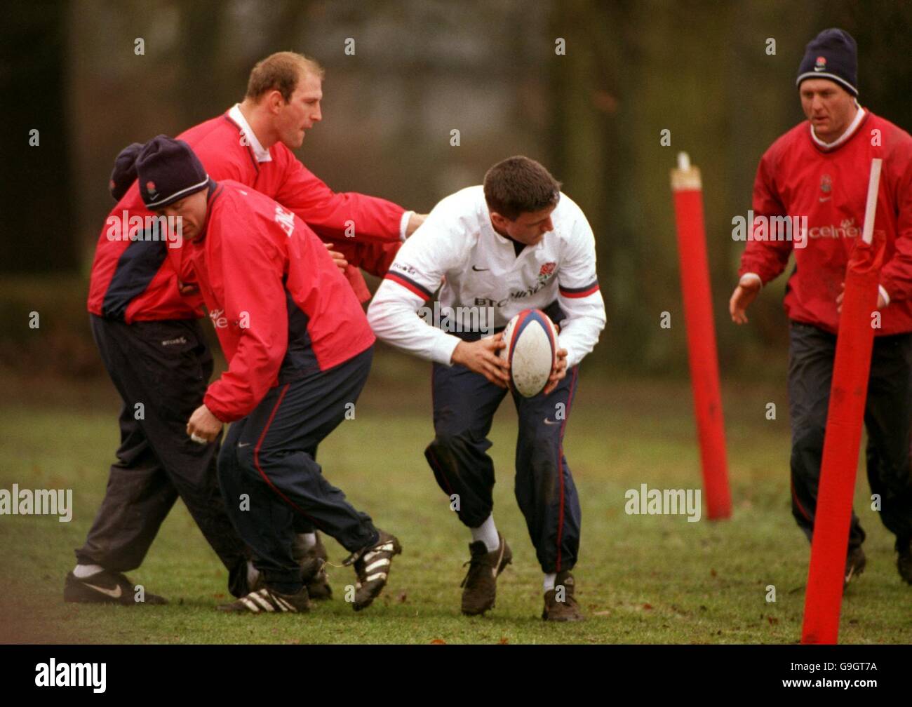 (L-R) England's Lawrence Dallaglio, Neil Back and Martin Corry at today ...