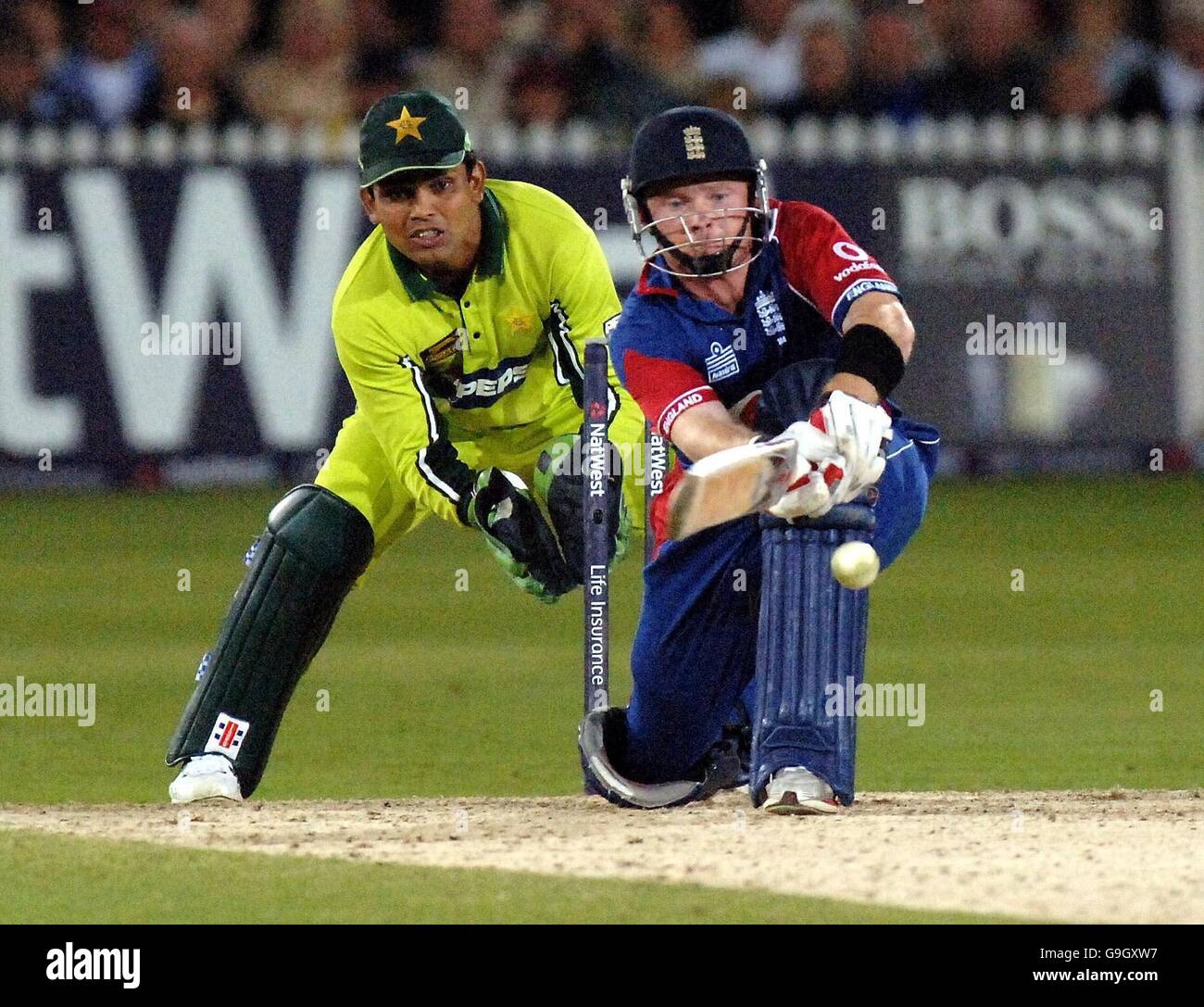 England's Ian Bell sweeps a ball from Pakistan's Mohammad Hafeez during the 4th NatWest Series ...