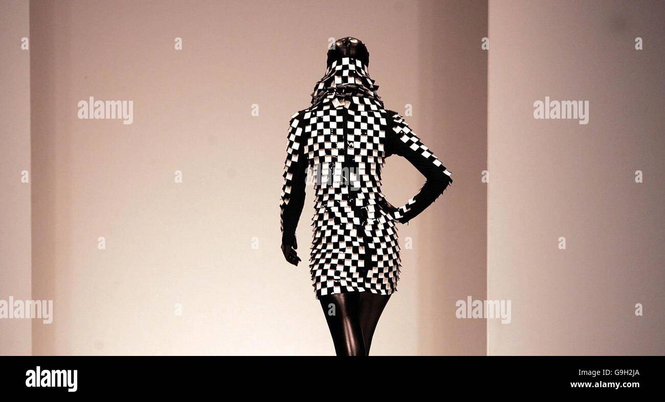 A model wears a design by Gareth Pugh during the London Fashion Week ...
