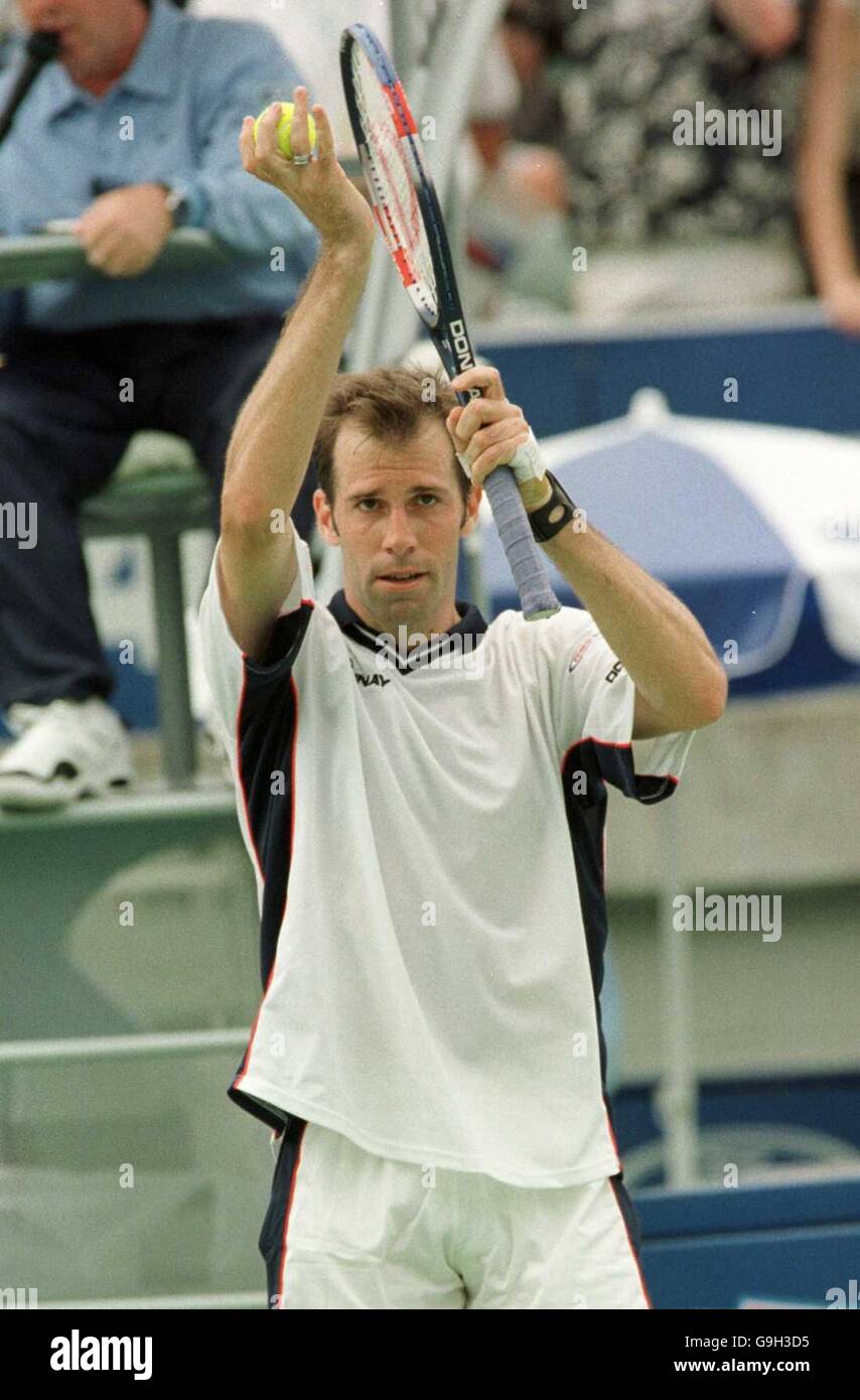 Greg Rusedski celebrates defeating Germany's Lars Burgsmuller Stock ...