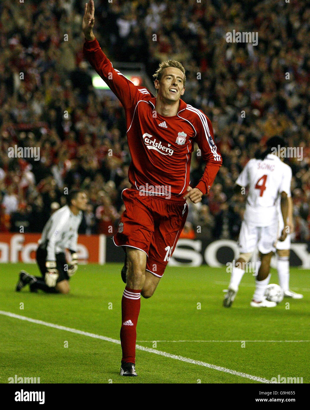 Liverpool's Peter Crouch celebrates his goal against Galatasary during ...