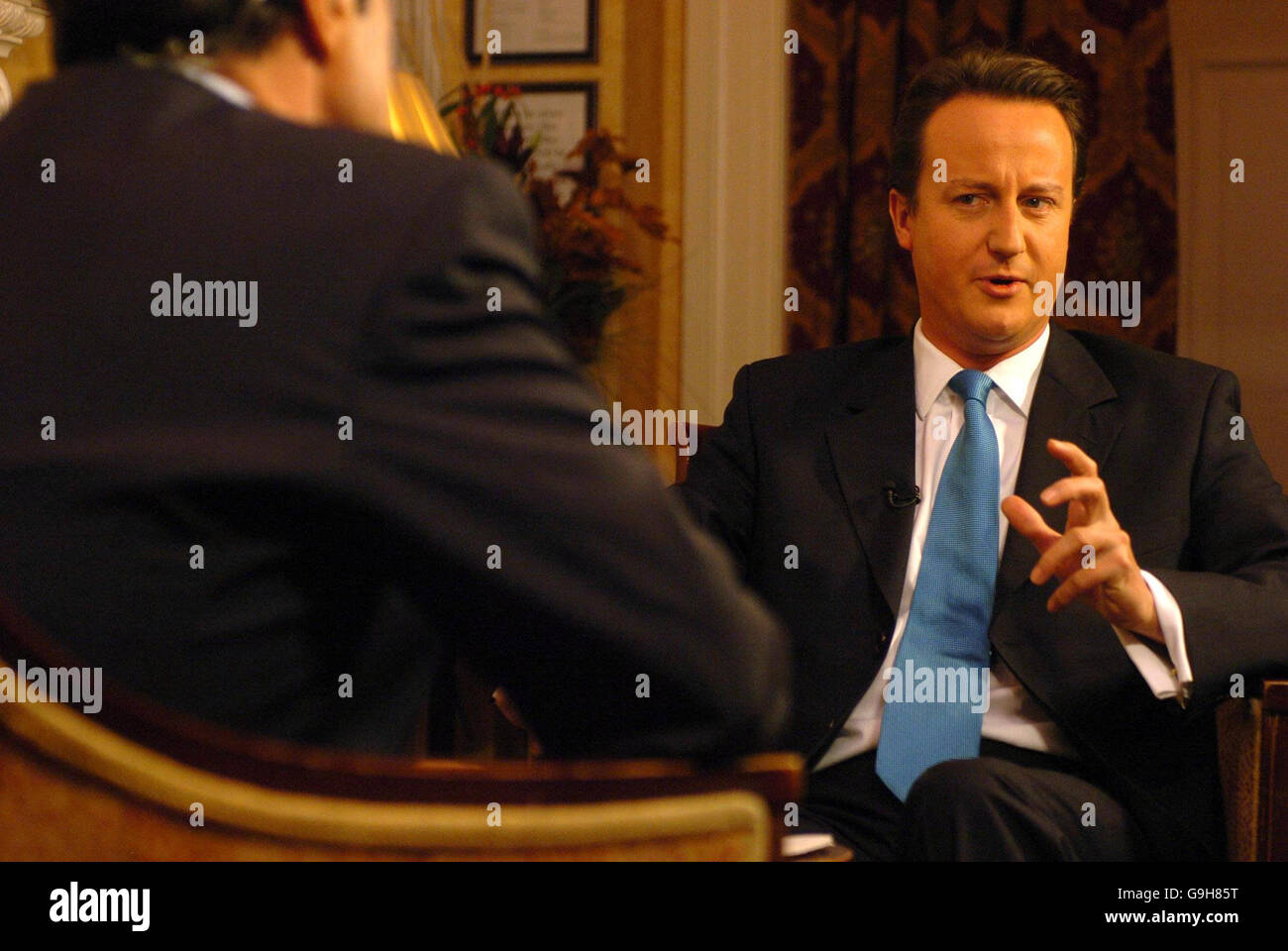 Conservative party leader David Cameron gives a television interview ...