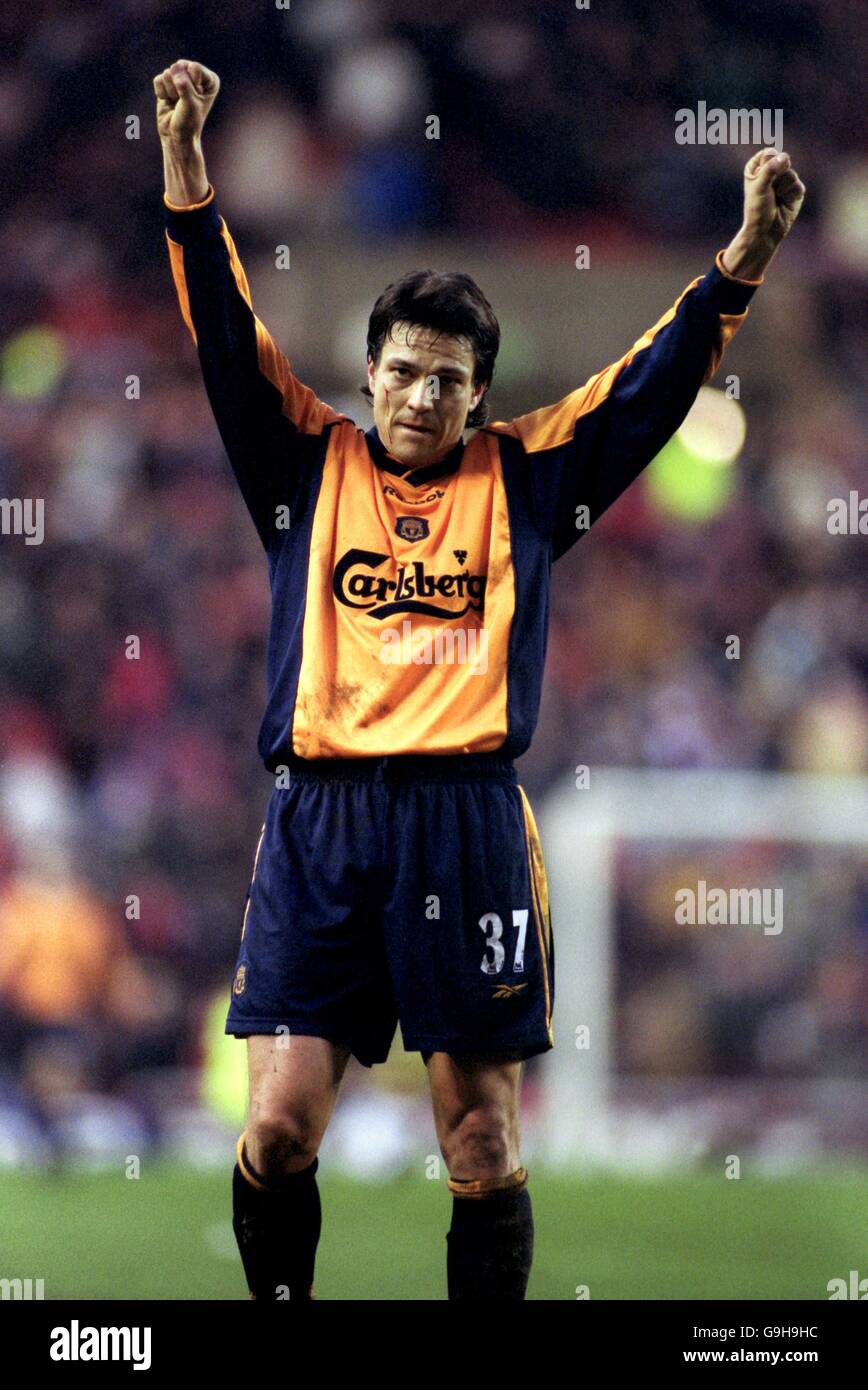 Liverpools jari litmanen celebrates hi-res stock photography and images ...