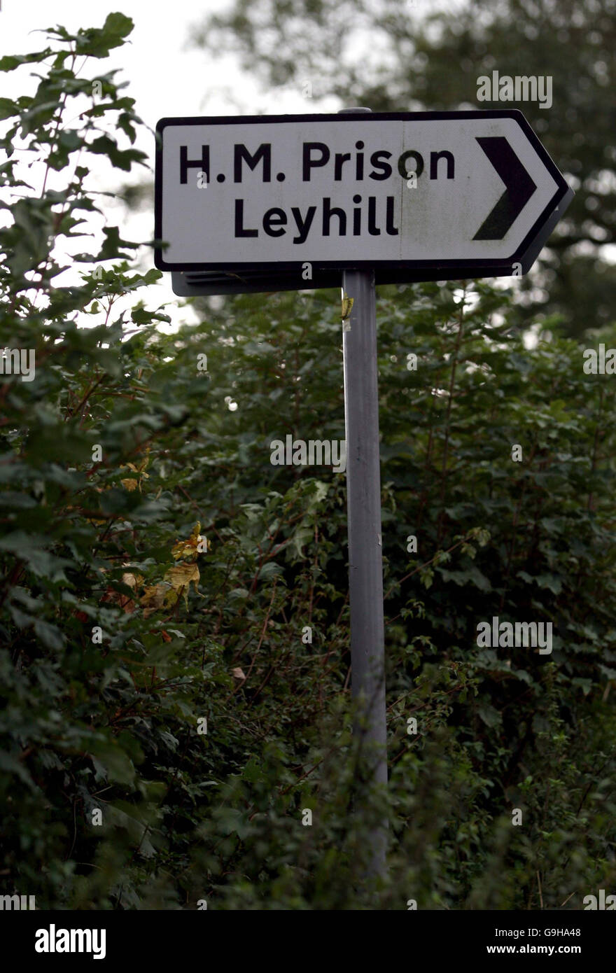 A sign for Leyhill minimum-security Prison in Gloucestershire. PRESS ...
