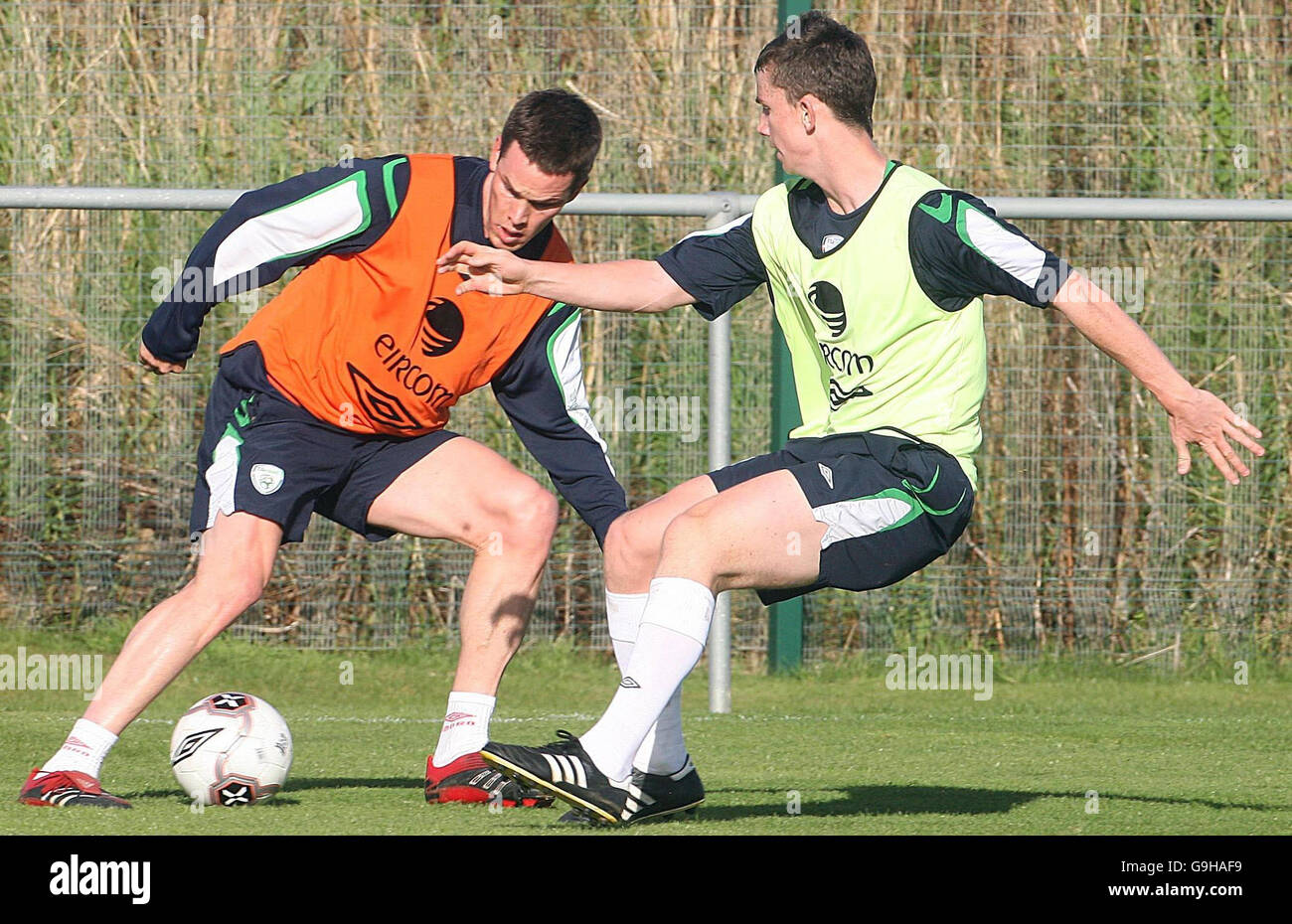 Republic of Ireland's Steve Finnan (left) and Kevin Foley during a ...