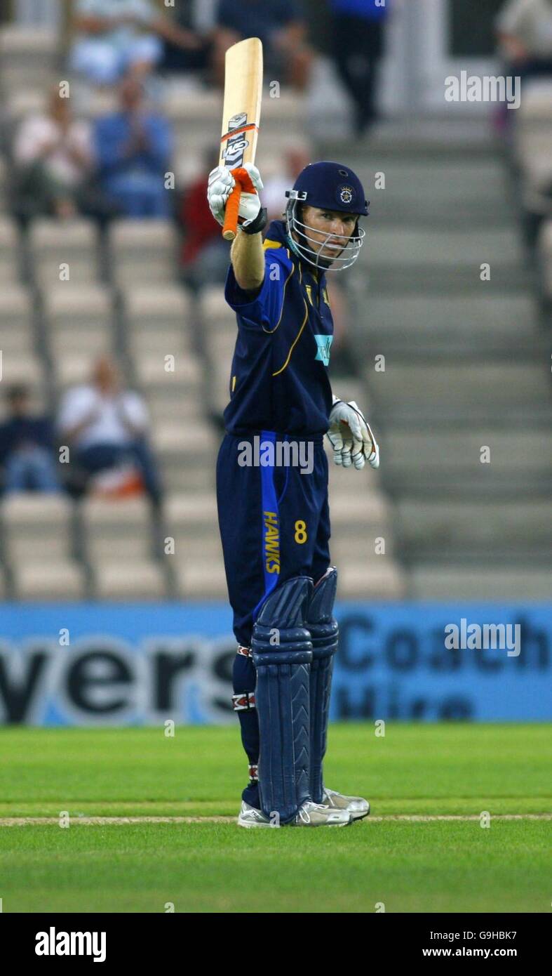 Hampshire Hawks' batsman Dominic Thornely celebrates hitting 50 runs ...