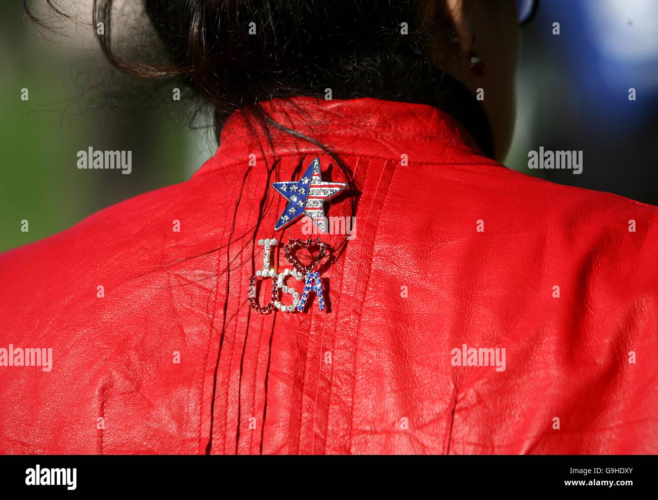 Detail of badge on the back of usa supporters jacket hi-res stock ...
