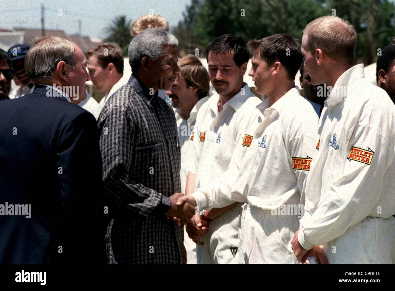 South africa president nelson mandela hands with englands gough hi-res ...
