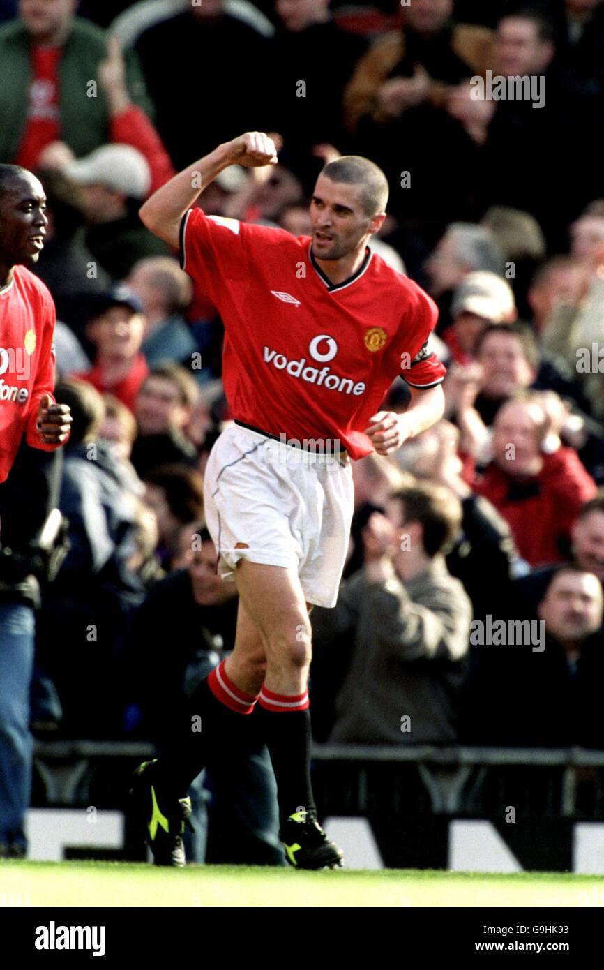 Manchester United captain Roy Keane celebrates after he scores their ...