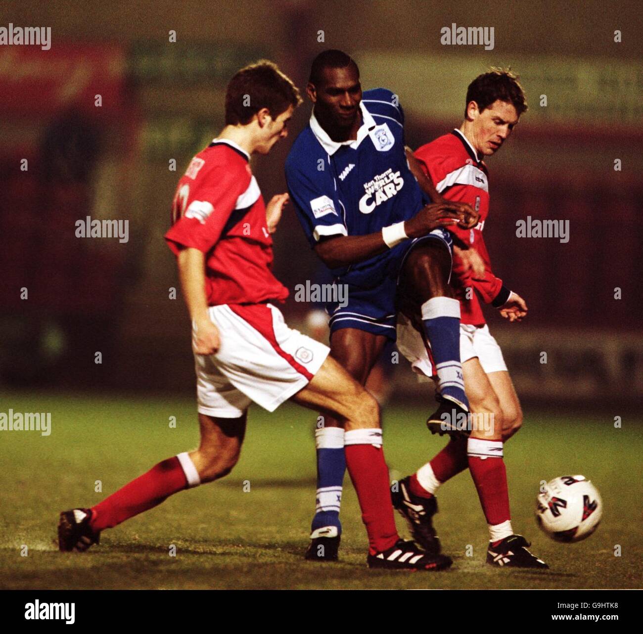 Cardiff City's Leo Fortune-West is sandwiched between Crewe Alexandra's ...