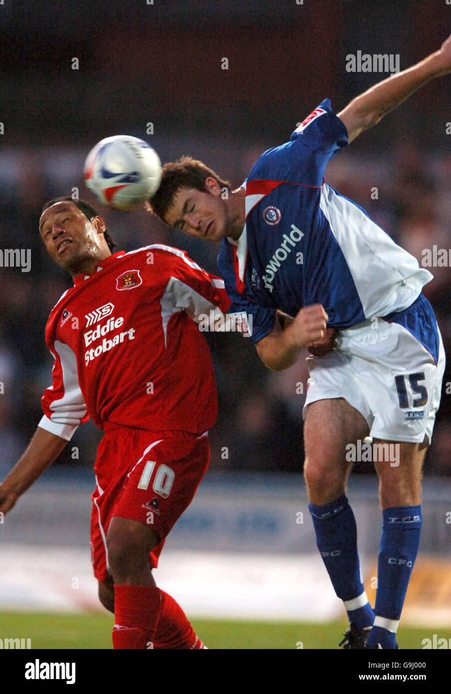 Chesterfield's Aaron Downes outjumps Carlisle United's Karl Howley ...