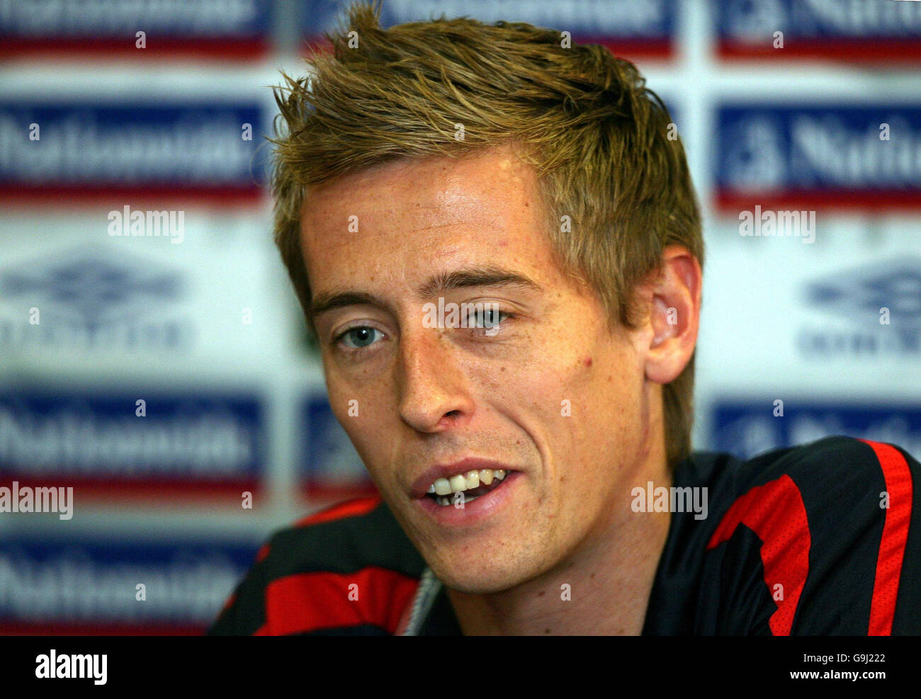 Englands peter crouch during a press conference at old trafford hi-res ...