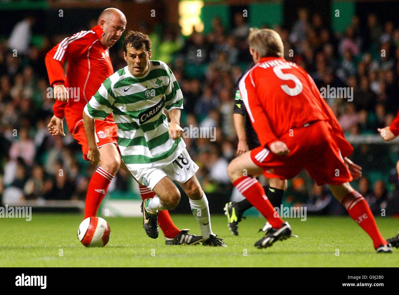 Celtic Legends' Darren Jackson (centre) in action against Liverpool ...