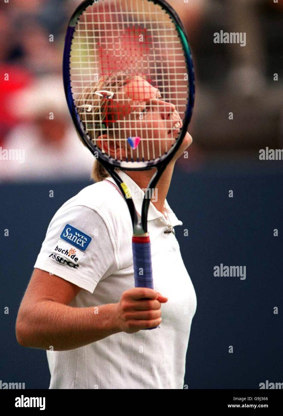 Anke huber in action during her match against meilen tu hi-res stock ...