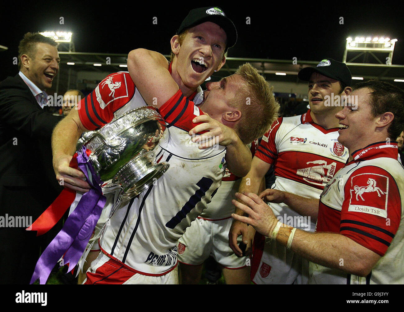 Hull KR's captain James Webster is lifted by Iain Morrison as they ...