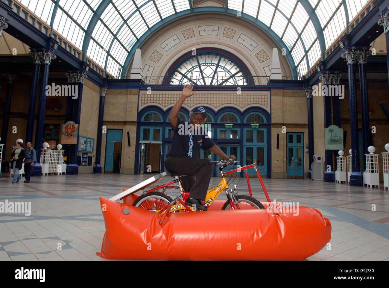 British inventor Melvin Wright from Chigwell, Essex on his Wonderbike ...