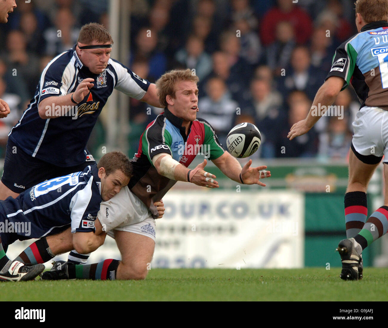 Bristol Rugby's Rob Higgitt tackles NEC Harlequins' Will Skinner Stock ...