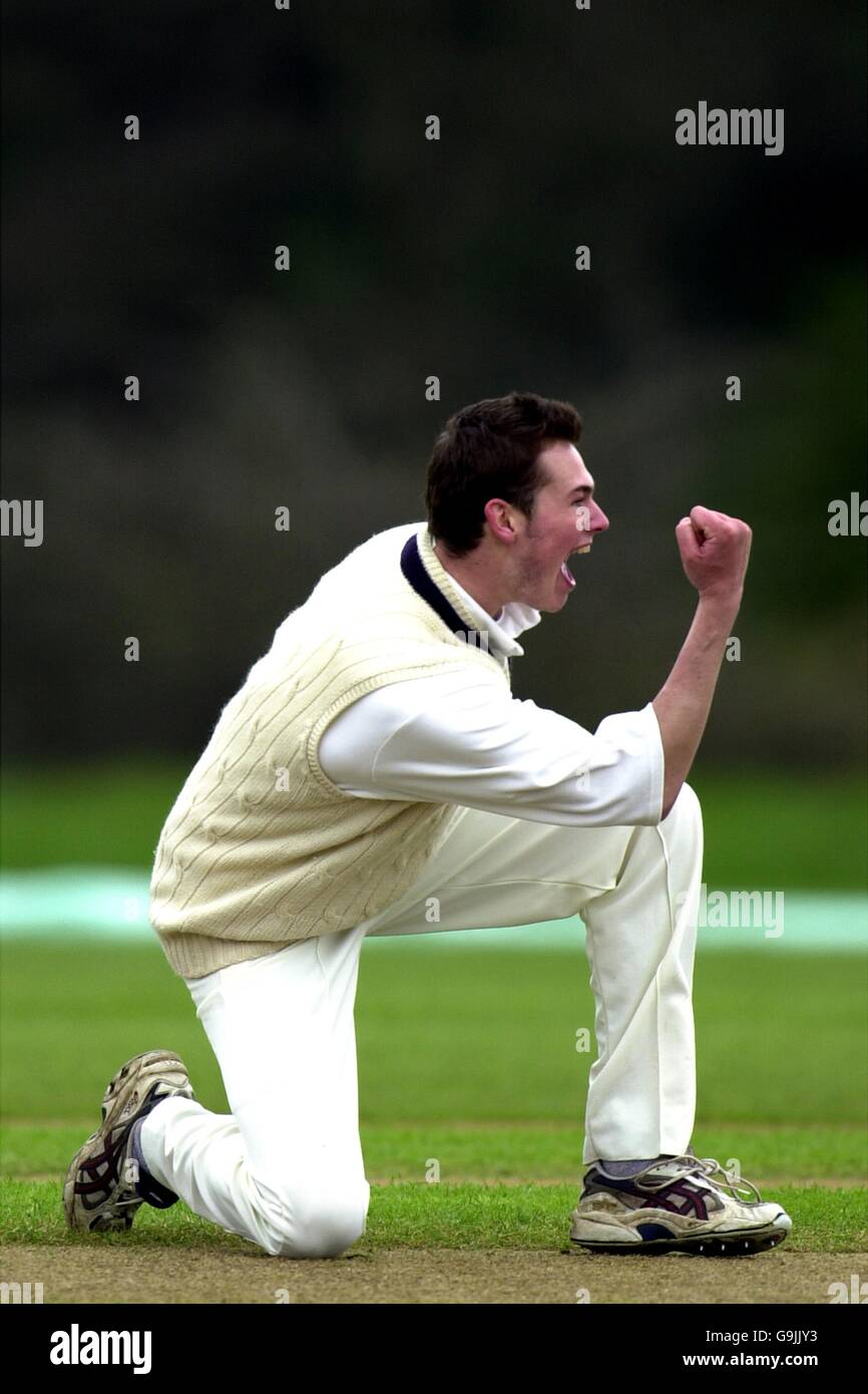 Oxford UCCE's Tom Mees celebrates the Wicket of Middlesex's Michael ...