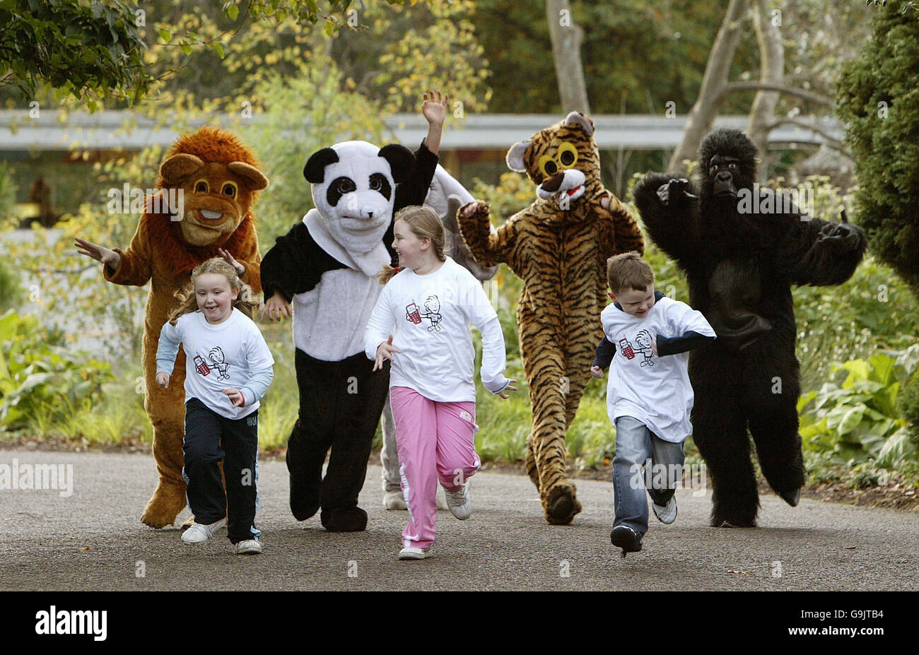 Volunteers dressed as wild animals chase ben mullin 5 hi-res stock ...