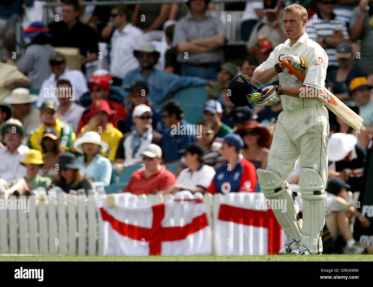 England captain Andrew Flintoff walks on to the field to bat during the ...
