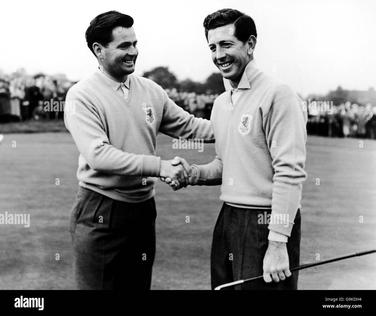 Great Britain captain Dai Rees (l) congratulates his foursomes partner ...