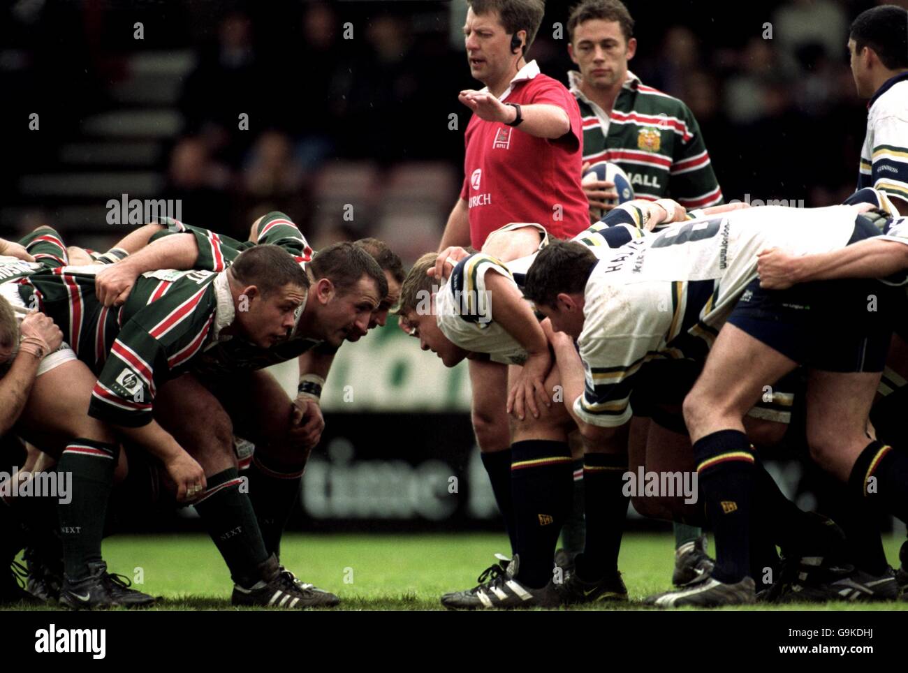 The Leicester Tigers and London Irish packs prepare to go into a scrum ...