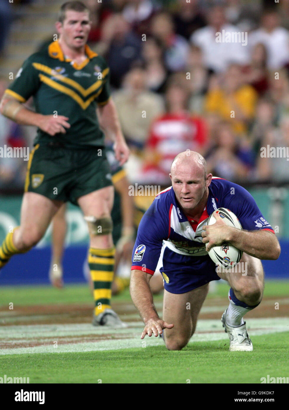 Great Britain's Keith Senior scores a try during the Gillette Tri ...