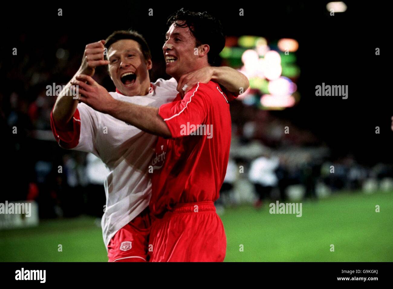 Liverpool's Robbie Fowler celebrates scoring their fourth goal against ...