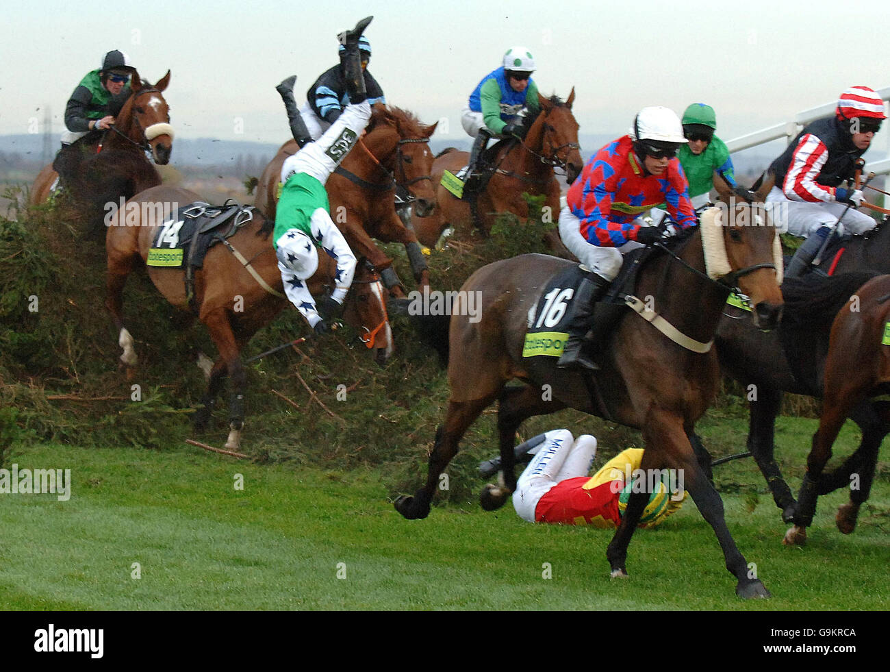 Racing - Aintree. Jockey Marcus Foley crashes off his horse Solar ...