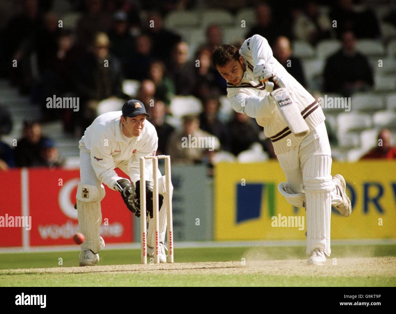 Surrey's Mark Ramprakash hits out for four runs on his way to an ...