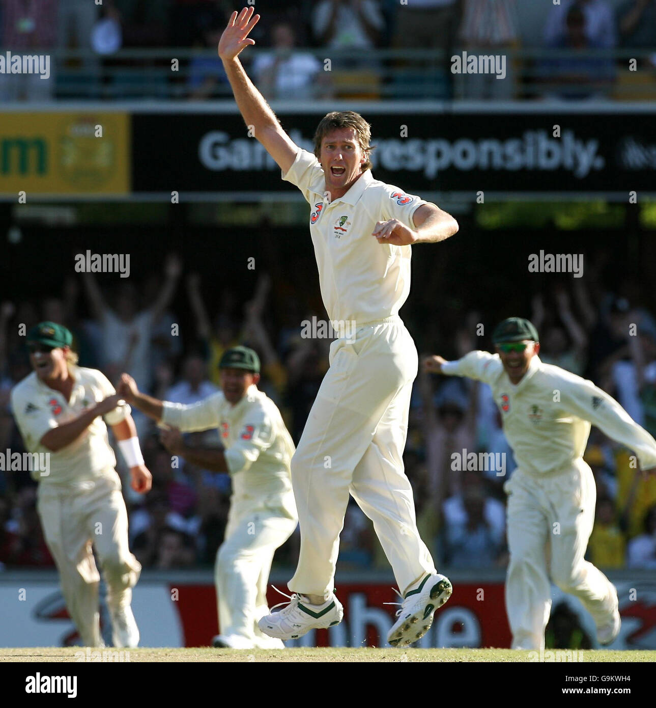 Australia's Glenn McGrath celebrates taking the wicket of England's ...