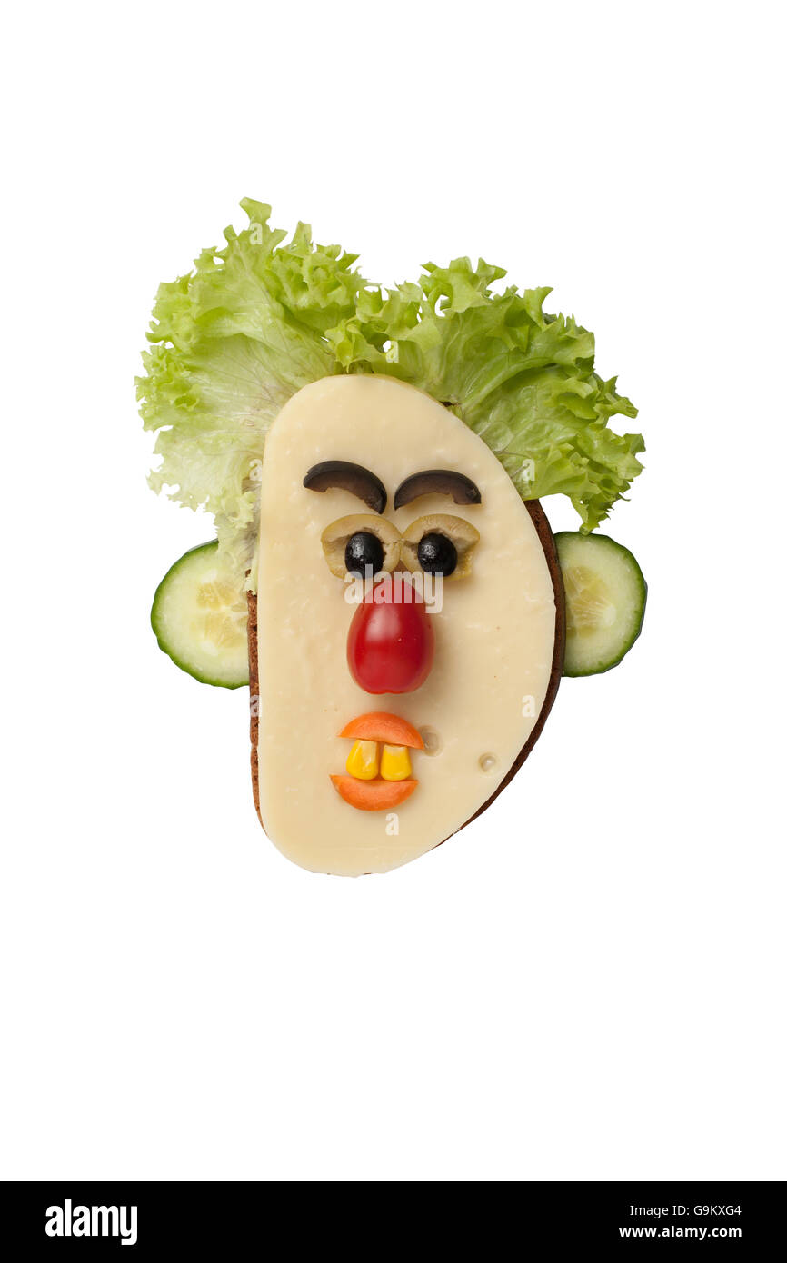 Funny face made of bread and cheese on isolated background Stock Photo ...