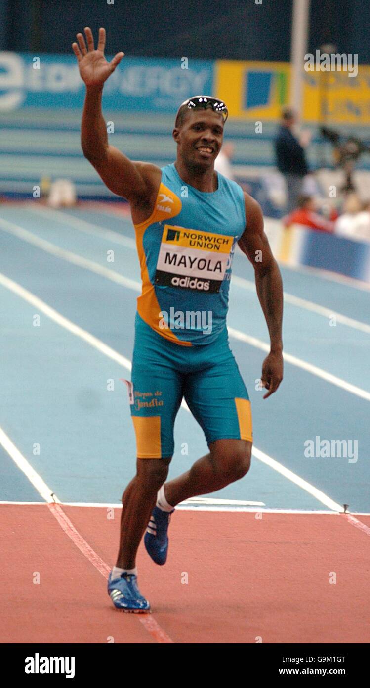 Cuba's Freddy Mayola celebrates winning the 60m final Stock Photo - Alamy