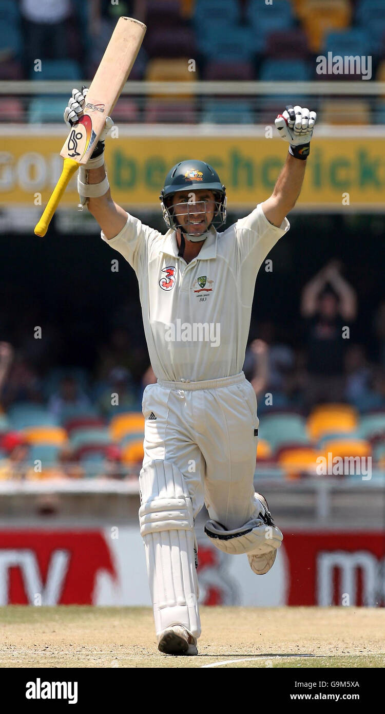 Australia's Justin Langer celebrates his century during the fourth day ...