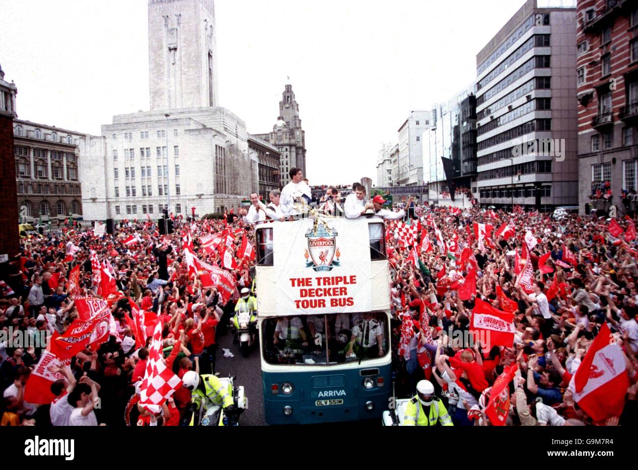 Soccer - Liverpool Trophy Parade. The bus travels through Liverpool ...