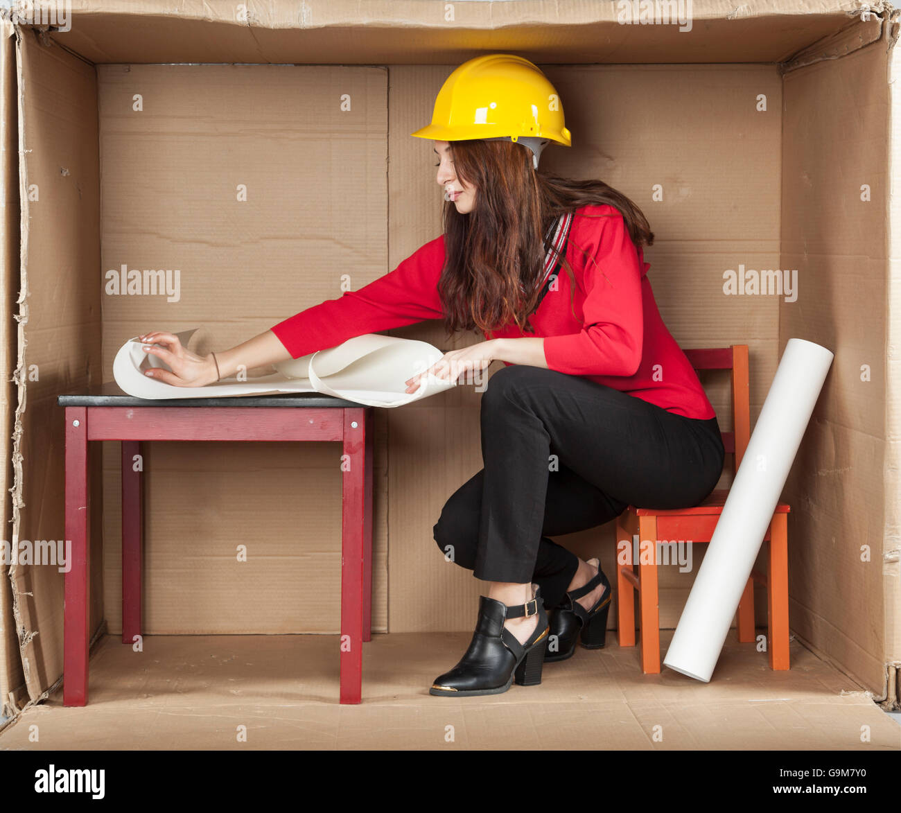 female architect reading plans Stock Photo - Alamy