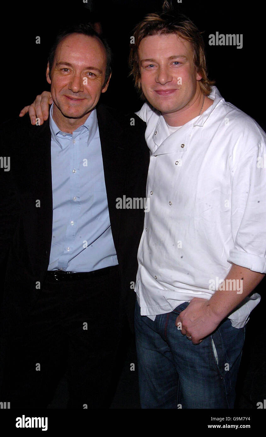 TV Chef Jamie Oliver, with actor Kevin Spacey (left), after hosting his ...