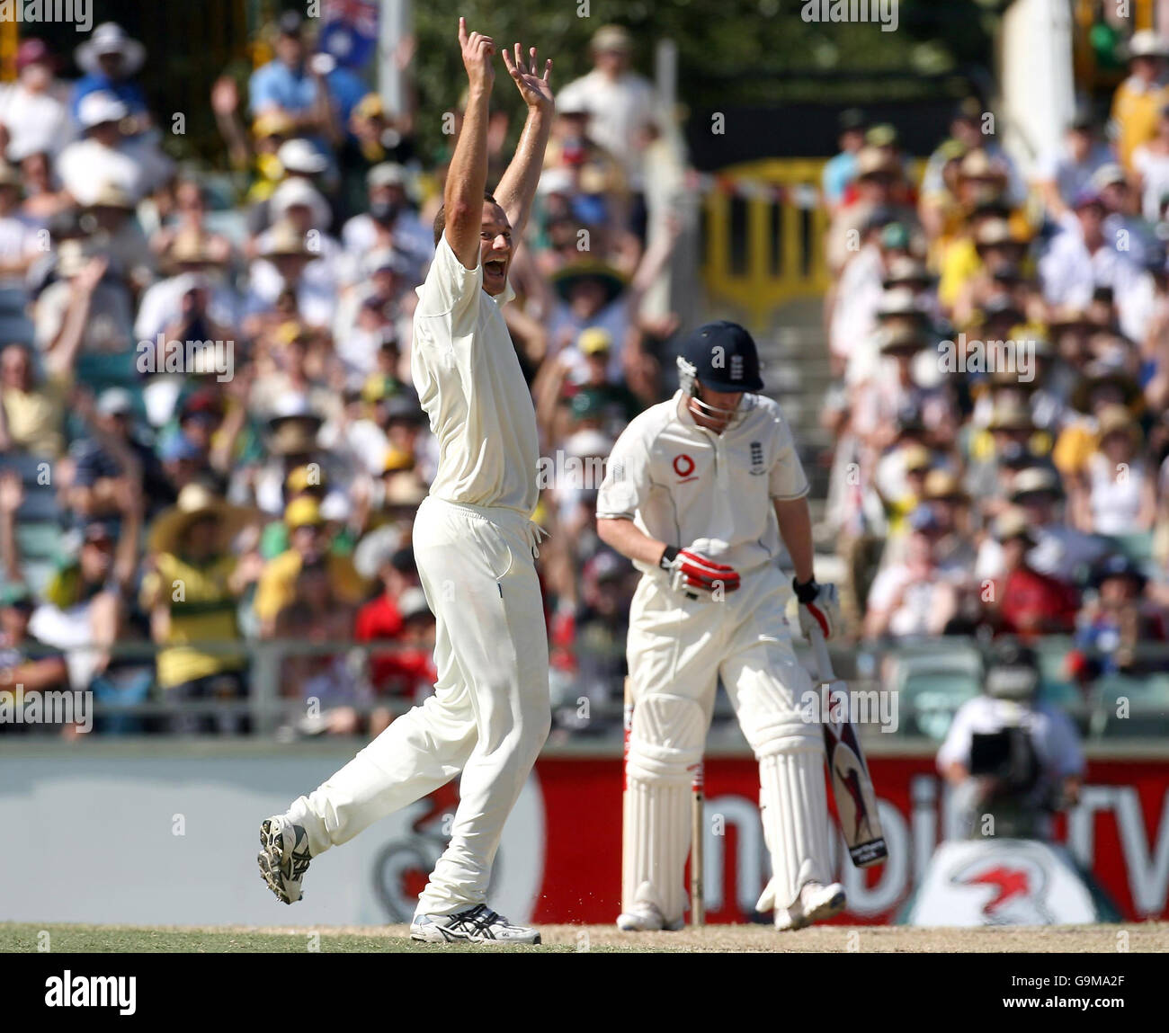 Australia's Stuart Clark celebrates taking the wicket of England's Paul ...