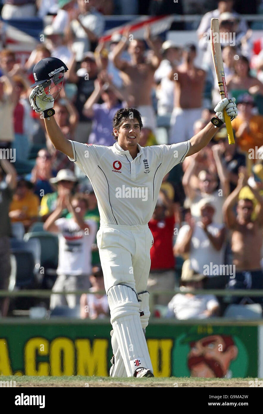 England's Alastair Cook celebrates after reaching his century during ...