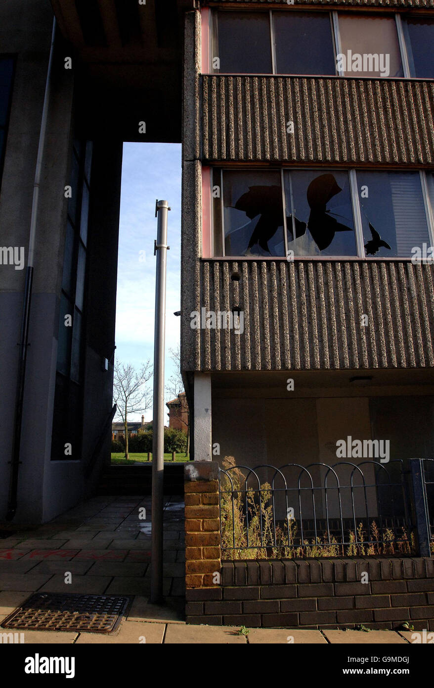 Stock urban decay. View of a derelict flat with smashed windows on the ...