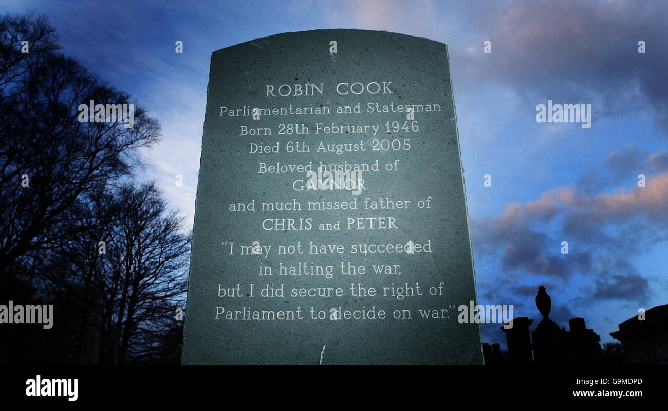 The headstone of former foreign secretary Robin Cook at Grange Cemetery ...