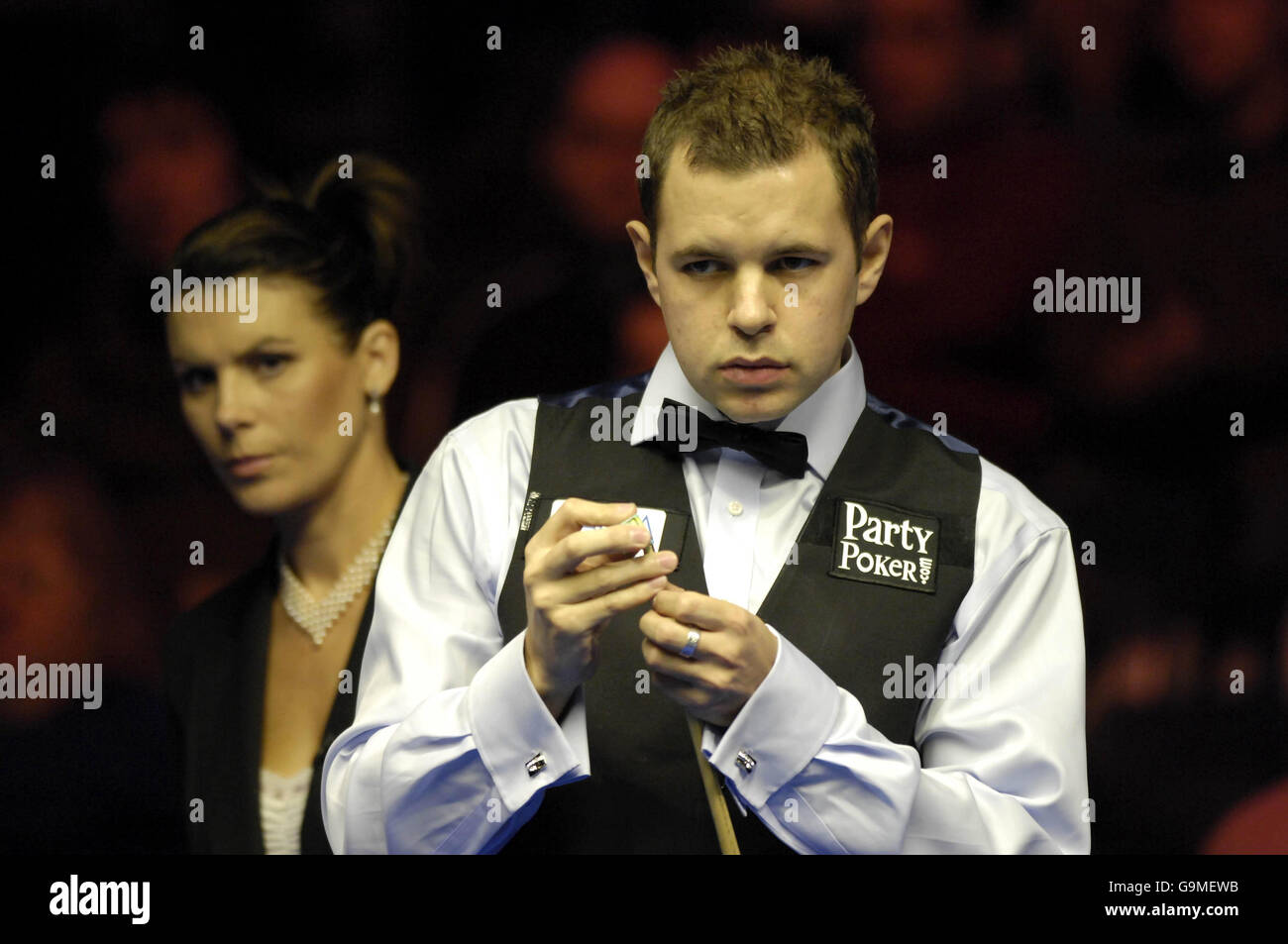 Barry Hawkins with referee Michaela Tabb (right) during the SAGA ...