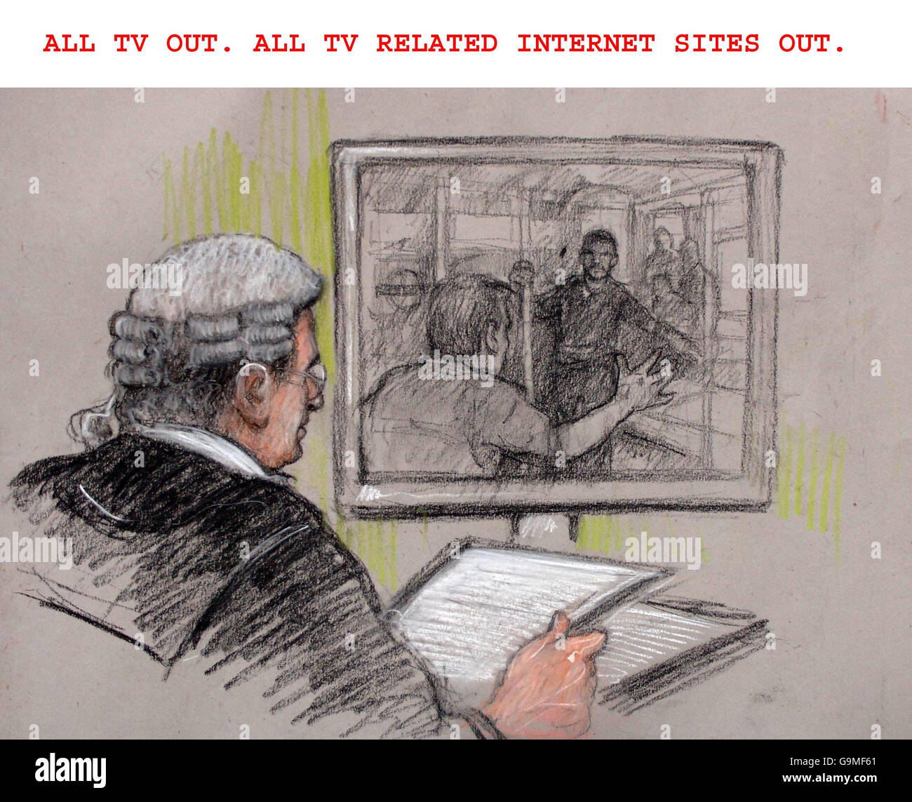 Artist drawing of prosecuting council Nigel Sweeney QC viewing CCTV ...
