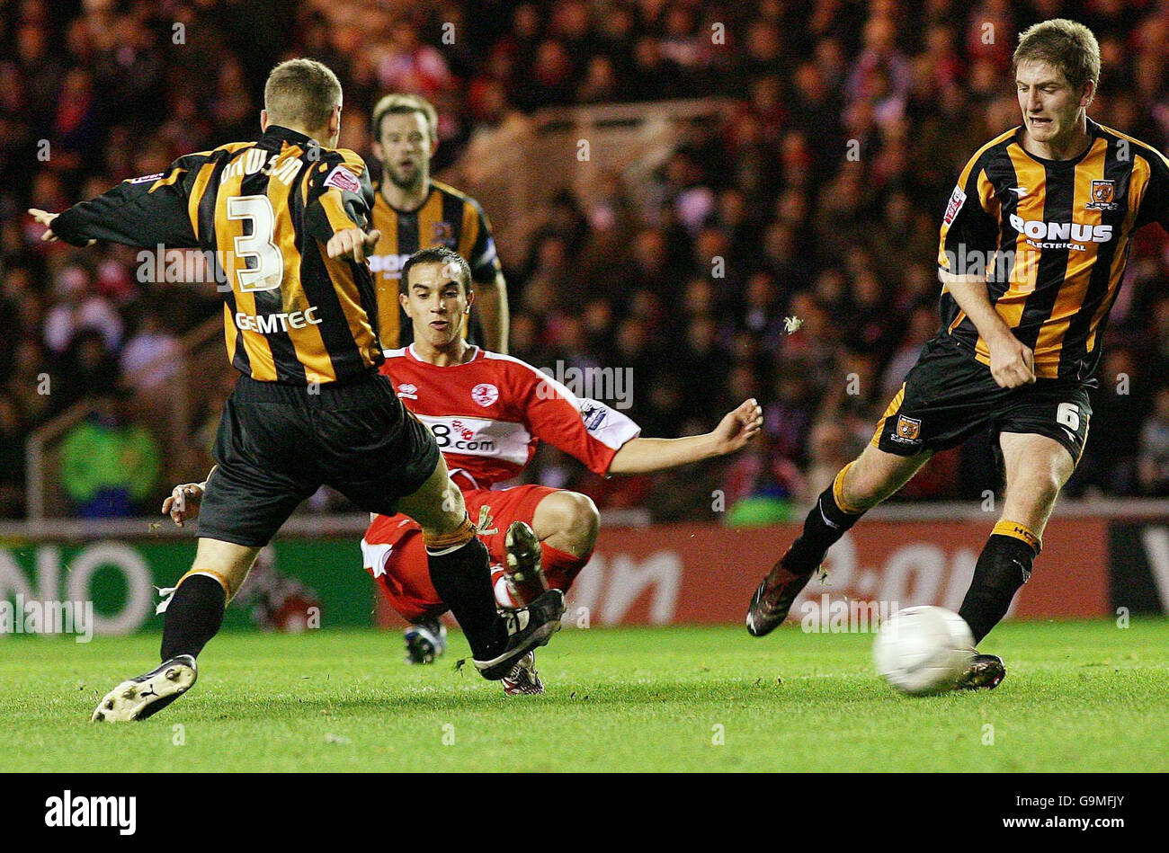 Middlesbrough's Seb Hines (centre) scores during the FA Cup third round ...