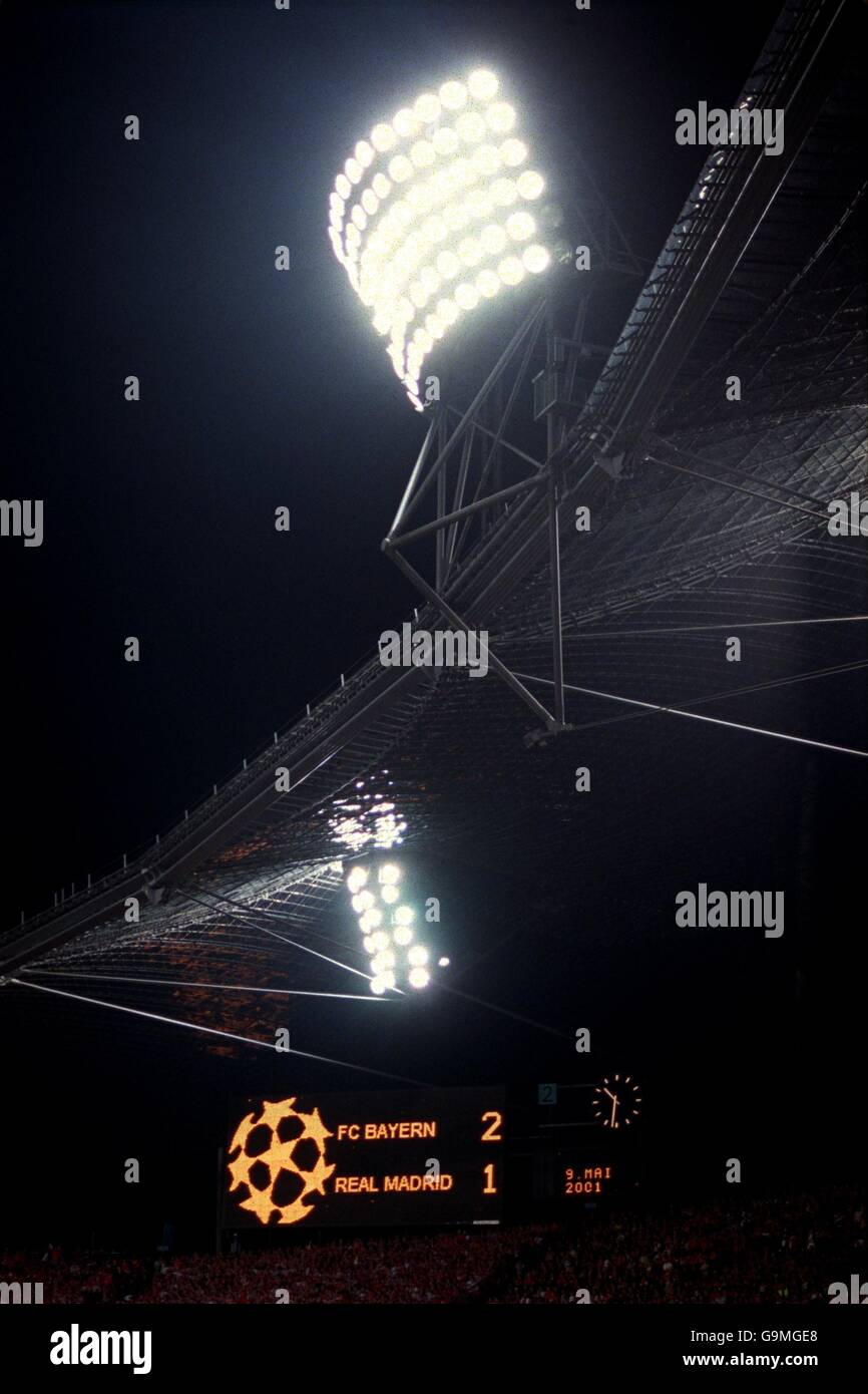 The scoreboard shows the final score as the giant floodlight lights the ...